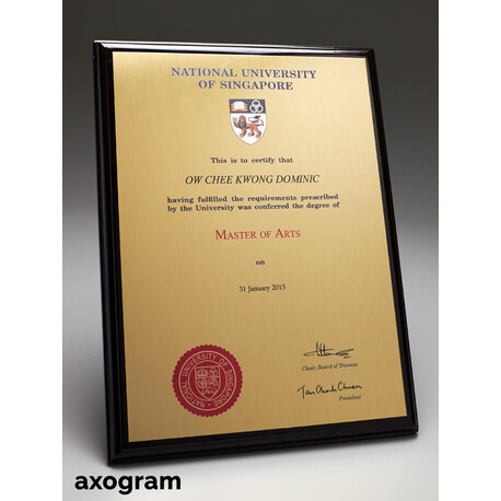 NUS degree certificate wooden plaque - Axogram Singapore
