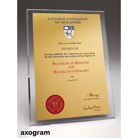 NUS degree certificate acrylic plaque - Axogram Singapore