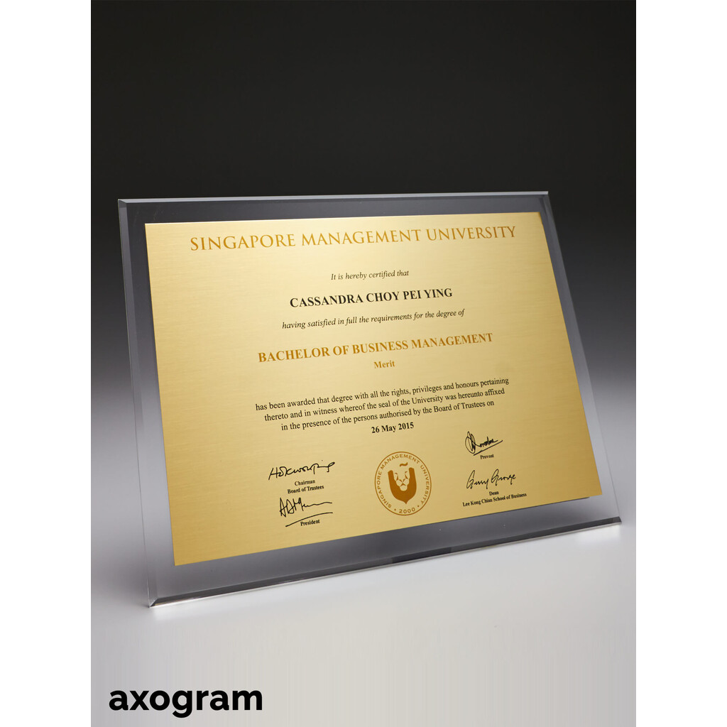 SMU degree certificate acrylic plaque - Axogram Singapore